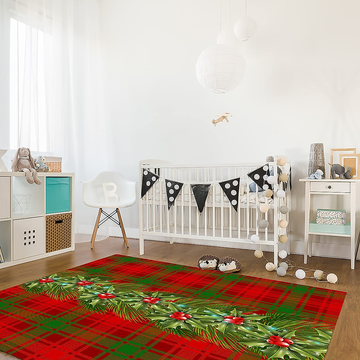 Savannan Area Rugs, Christmas Poinsettia Pine Branches Plant Red Green Plaid Tartan Rectangle Floor Rugs Indoor Non-Slip Accent Rug for Living Room Bedroom Office Kids Room Nursery, 2'x3'