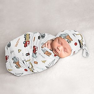 Sweet Jojo Designs Construction Truck Baby Boy Cocoon and Beanie Hat Set Jersey Stretch Knit Sleeping Bag Infant Newborn Nursery Sleep Wrap Sack - Grey Yellow Orange Red and Blue Transportation