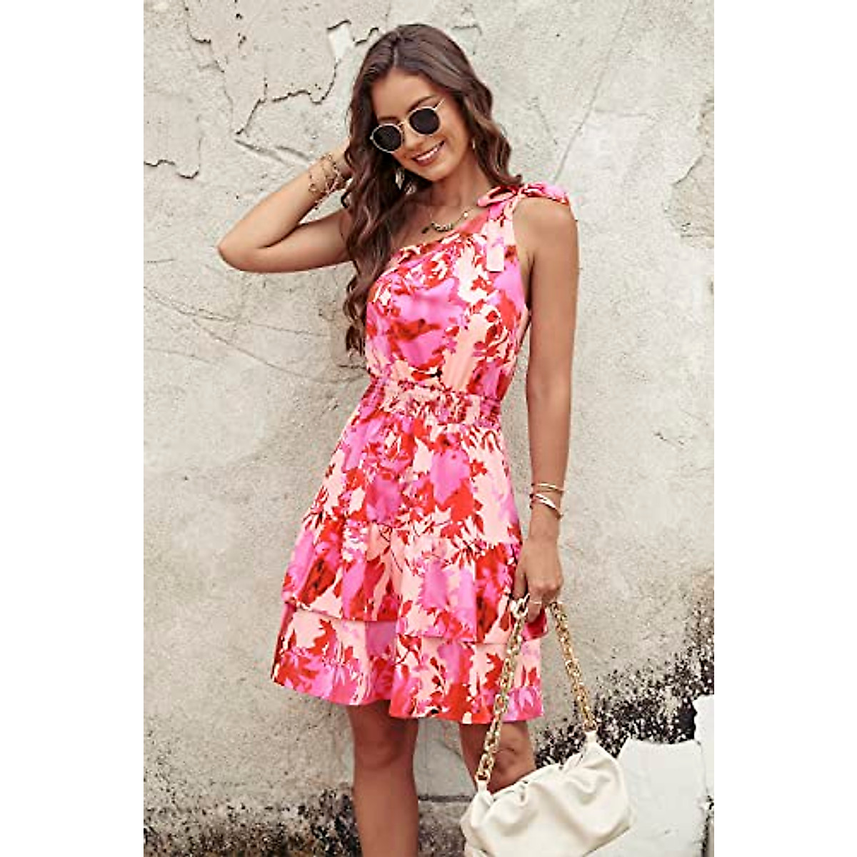 PRETTYGARDEN Women's Summer Tie One Shoulder Boho Floral Dress Elastic Waist Tiered Ruffle A Line Flowy Mini Dresses (Print Pink,Medium)