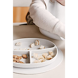 Ullabelle Suction 7 Pc Baby Feeding Set -BPA Free, 100% Food Grade Silicone- Microwave & Dishwasher Safe- 2 Silicone Bibs, 1 Suction Divided Toddler Plate, 1 Suction Bowl w/ Lid & 2 Spoons (Grey)