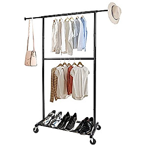 Fishat Simple Standard Double Rod Rolling Clothing Garment Rack for Hanging Clothes, Metal Clothes Organizer with Lockable Wheels (Black)