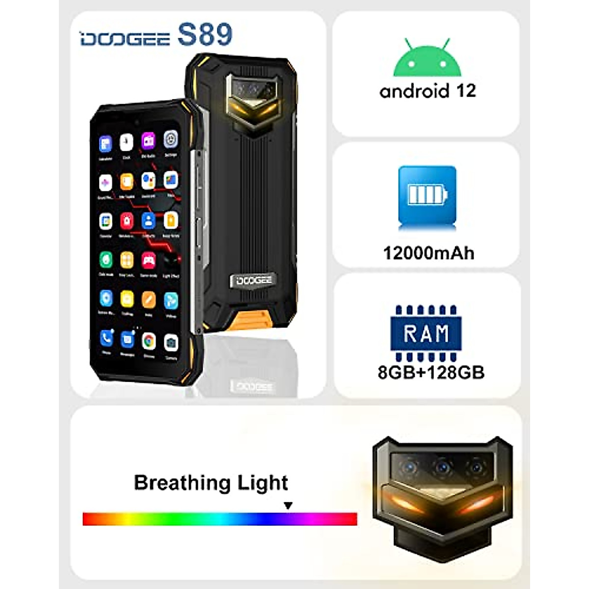 DOOGEE S89 Rugged Smartphone(2022), 12000mAh Massive Battery Android 12 Rugged Phone Unlocked, 33W Fast Charging, 8GB+128GB IP68 Waterproof Cellphone, Night Vision, Breathing Light, NFC, Dual 4G