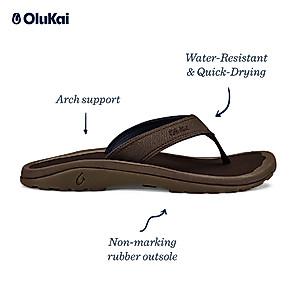 OLUKAI Ohana Men's Beach Sandals, Quick-Dry Flip-Flop Slides, Water Resistant & Lightweight, Compression Molded Footbed & Ultra-Soft Comfort Fit, Dk Wood/Dk Wood, 8