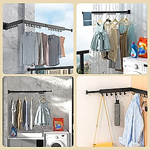 BONYCUST 3 Fold Retractable Clothes Drying Rack, Wall Mounted Clothes Hanger Collapsible for Balcony, Bathroom, Patio,Laundry (Black)