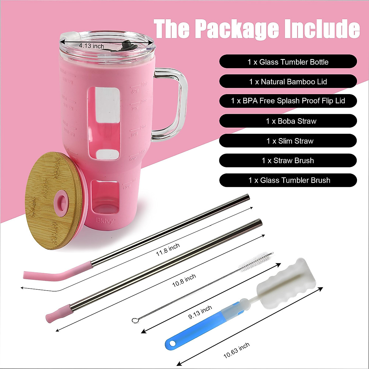 32 oz Glass Tumbler with Bamboo Mug 2 Straws & 2 Lids, Reusable Glass Water Bottles with Handle, Iced Coffee Cup with Silicone Sleeve, Boba and Drinking Straw Fits in Car Cup Holder BPA Free,Pink