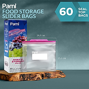 PAMI 60-Pack Gallon Sandwich Bags, Leakproof Double Zipper Storage Bags with Expandable Bottom, Write-On Label, Thick Reusable