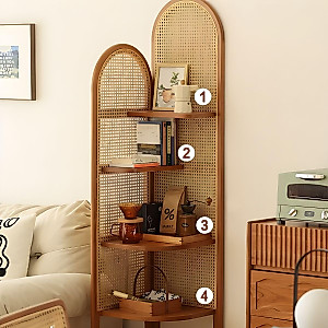 CraftThink 4-Tier Corner Shelf, Tall Corner Accent Chest Display Storage Rack with Counter Top and Multiple Shelves for Living Room Bedroom Home Office, Cherry