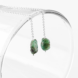 Graduation Gifts Raw Emerald Threader Earrings May Birthstone Natural Gemstone Handmade Silver Plated Chain Hypoallergenic Drop Dangle Earrings Pull Through Piercing Earrings for Women