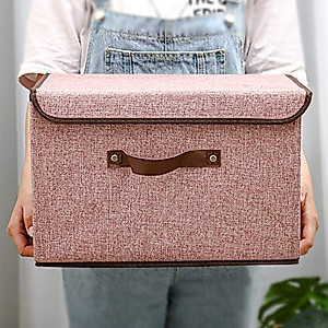 LeFroom 2 Pack Foldable Storage Boxes with Lid and Handles, Cotton and Linen Storage Bins and Baskets Organizer for Nursery, Closet, Bedroom, Home(Red)