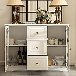 Homsee Modern Sideboard Kitchen Buffet Cabinet with 2 Glass Doors, 3 Drawers & 4 Storage Compartments, Wood Cupboard Console Table TV Stand for Living Room, White (47.2”W x 15.7”D x 33.8”H)