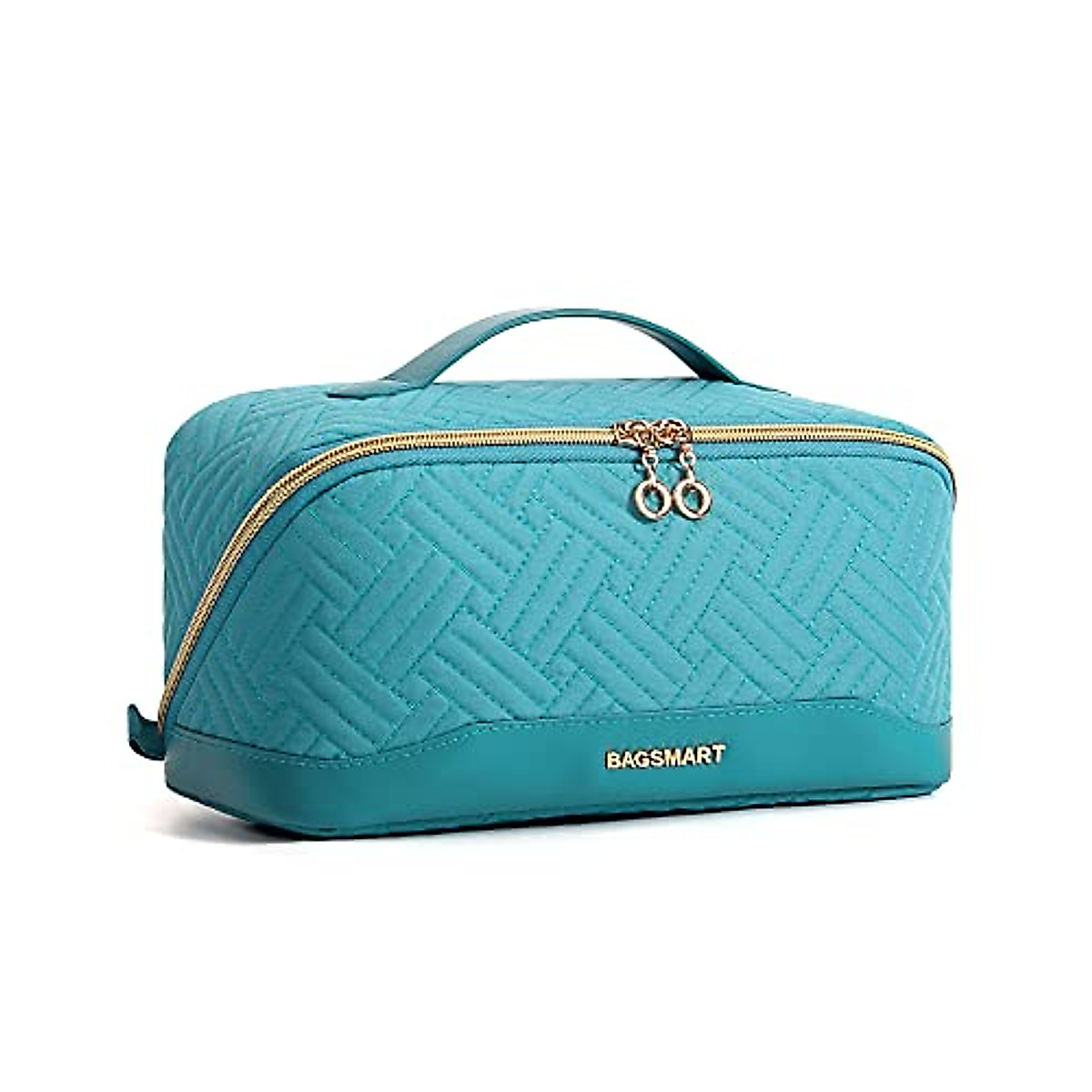 BAGSMART Makeup Bag Cosmetic Bag, Travel Makeup Bag,Water-resistent Makeup Bags for Women Portable Pouch Open Flat Make Up Organizer Bag for Toiletries, Brushes, Teal