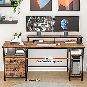 Furologee Computer Desk with Shelves and Drawer, 61" Long Desk with Fabric File Drawer, Industrial Writing Desk with Large Monitor Stand, Study Gaming Table Workstation for Home Office, Rustic Brown