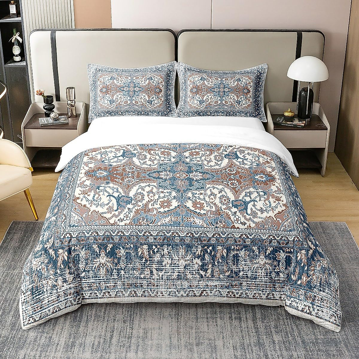 100% Cotton Antique Duvet Cover Twin, Boho Bedding Set, Blue Brown Damask Floral Bohemian Flowers Retro Comforter Cover, Exotic Tribal Medallion Egyptian Bedroom Decor Quilt Cover