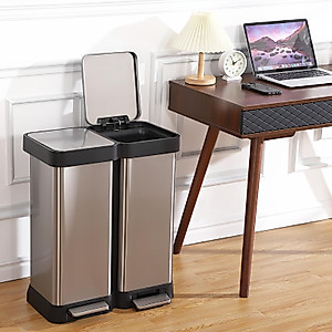16 Gallon Dual Trash and Recycling Bin, 60L(2x30L) Fingerprint Proof Stainless Steel Kitchen Garbage Can with Double Lid, Hands-Free Step Rubbish Bin without Inner Bucket for Kitchen Home Office
