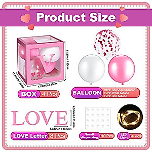 56 Pieces Valentine's Day Transparent Love Box Decorations with Balloon LED Light Letters for Valentine's Day, Wedding Party, Bridal Shower, Birthday Party Reveal Backdrop (Pink)