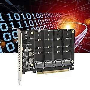 Jopwkuin M.2 SSD Adapter, PCIE X16 Interface Soft Light LED Status Indicator NVME   Card for 4 NVME PCIe Protocol SSDs for PCIE3.0 4.0