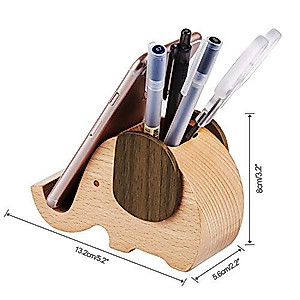 AhfuLife Wooden Elephant Cell Phone Holder/Stand with Pen&Pencil Holder/Pot, Desk Decoration Multi-functional Supplies Stationery Organizer, Birthday Graduation Gift (Elephant Pen Pot)