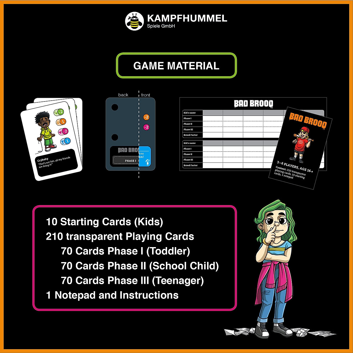 Kampfhummel Bad Brood – Raise your Child as Bad as Possible, sarcastic card game for people with black humor, ages 16+, 3-6 players