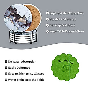 Coasters with Holder, Absorbent Coasters by DSNDVES, Set of 6 Ceramic Coasters, Marble Style Drink Coasters with Cork Base, Bar Coasters, Round Stone Coasters for Table Protection Black