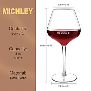 MICHLEY Unbreakable Tritan Plastic Wine Glasses Set of 2(18oz), Red Wine Glass with Long Stem, White Wine Drinking Cup Glassware