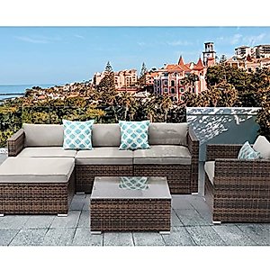 HOMPUS 6 Pieces Outdoor Furniture Set, All-Weather Patio Conversation Set Brown Handwoven Wicker w/Washable Gray Cushions, Glass Coffee Table, Modular Sectional Sofa Set for Backyard Garden Deck Pool