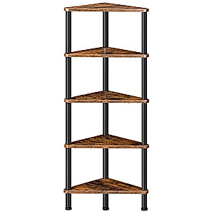 HOOBRO Corner Shelf with Metal Frame, Industrial 5-Tier Wall Corner Bookshelf Stand Display Plant Flower, Bookcase for Small Spaces, Bedroom, Living Room, Rustic Brown BF33CJ01