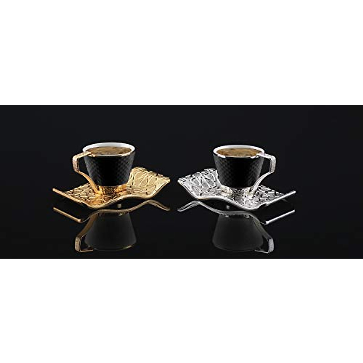 DEMMEX Stunning Espresso Turkish Coffee Cups with Metal Holders and Saucers Set for 6, 2.6 Ounces (White - Gold)