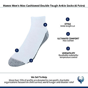 Hanes mens Hanes Men's Socks, 6-pair Pack Max Cushion Ankle, White/Grey Foot Bottom, 6 12 US