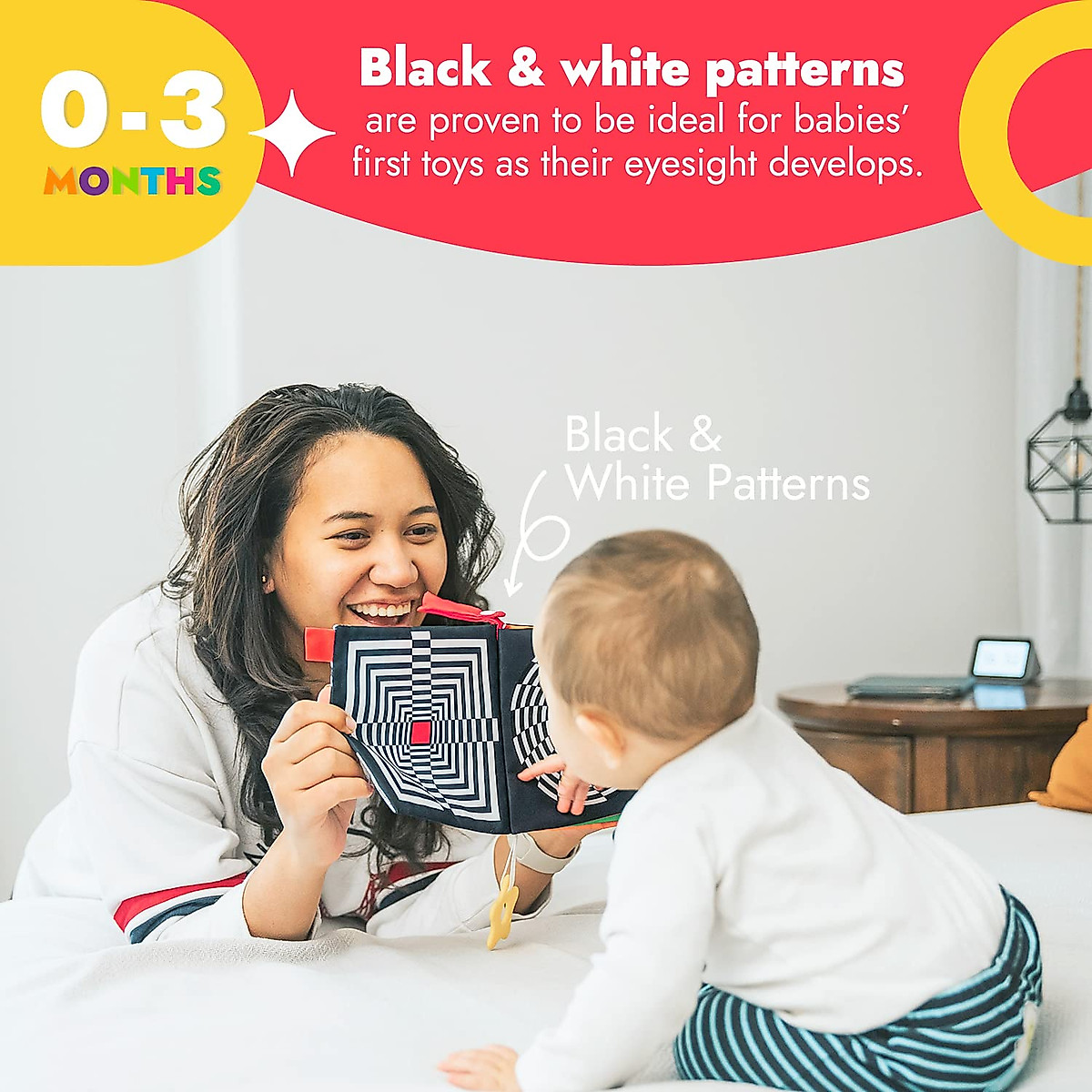 Papablic Luxury Baby Soft Book with Teether, High Contrast Black and White Crinkle Book for Early Education, Tummy Time Toys for Babies 0-12 Months with Baby Safe Mirror, Crinkle Pages and Squeaker