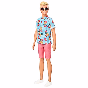 Barbie Ken Fashionistas Doll #152 with Sculpted Blonde Hair Wearing Blue Tropical-Print Shirt, Coral Shorts, White Shoes & White Sunglasses, Toy for Kids 3 to 8 Years Old