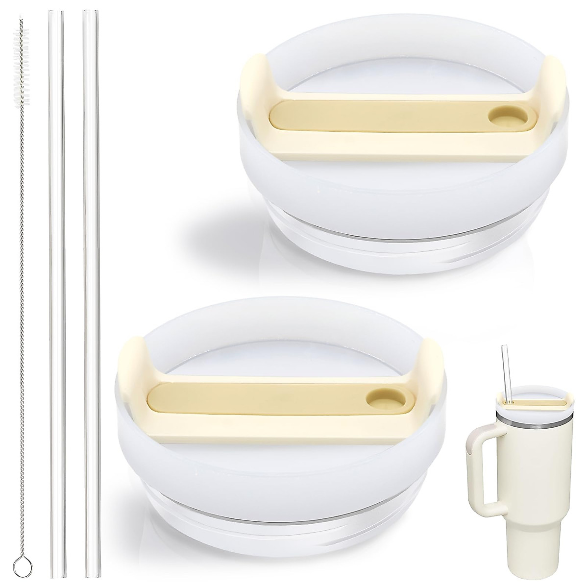 40oz Tumbler Lid Compatible for Stanley, 2 Pack Replacement Tumbler Lids Fit for Stanley Quencher 2.0 Tumbler 40 OZ, with Straws and Cleaning Brush