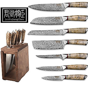 Kitchen Damascus Knife Set Japanese VG-10 Steel Knives Block Set Shadow Wood Handle for Chef Knife Set High Carbon Core Stainless Steel Full Tang Kitchen Knife Set with Block (8 Piece)