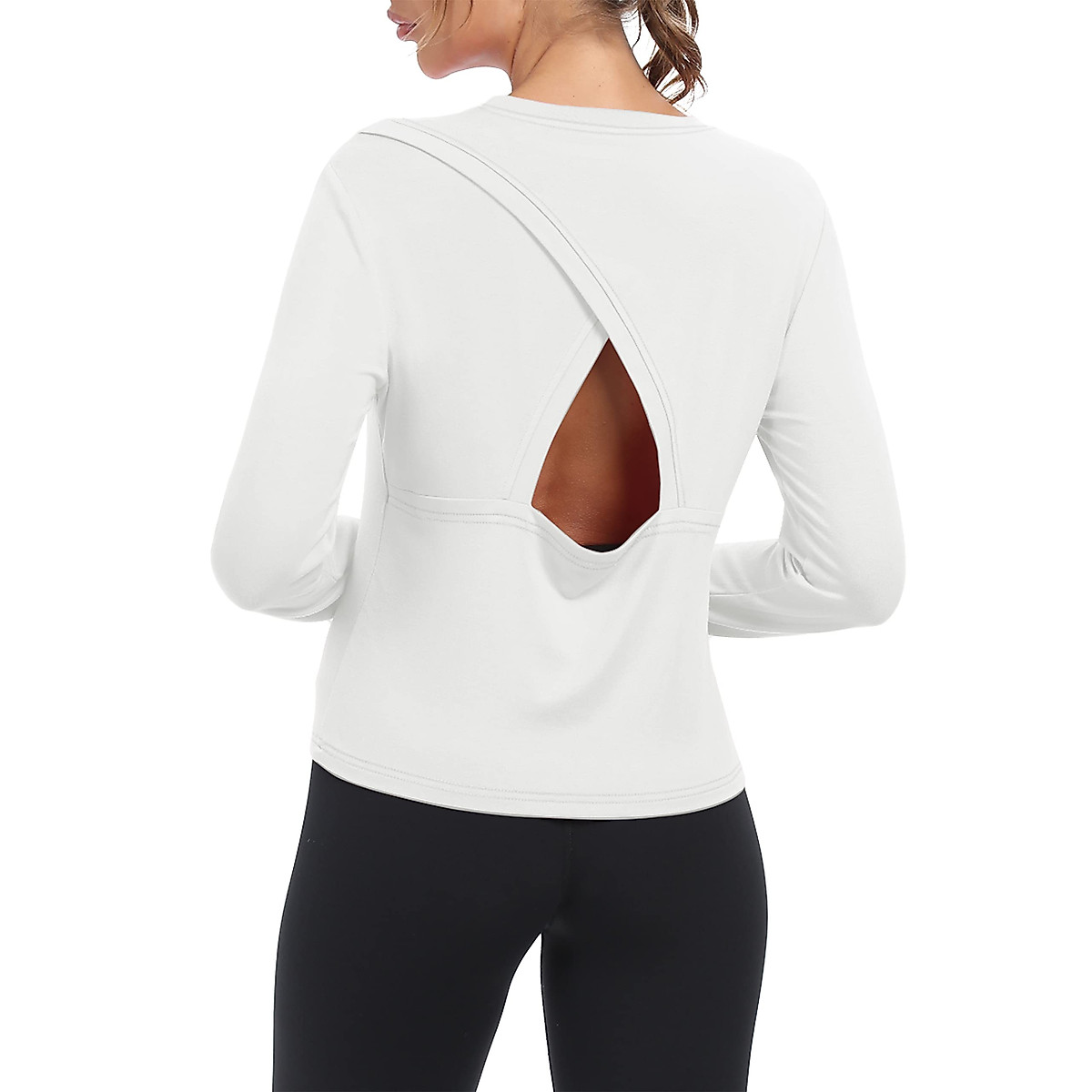 Bestisun Women's Workout Long Sleeve Athletic Wear Yoga Shirts Thumb Hole Sweatshirts Open Back Running Shirts Exercise Clothes White M