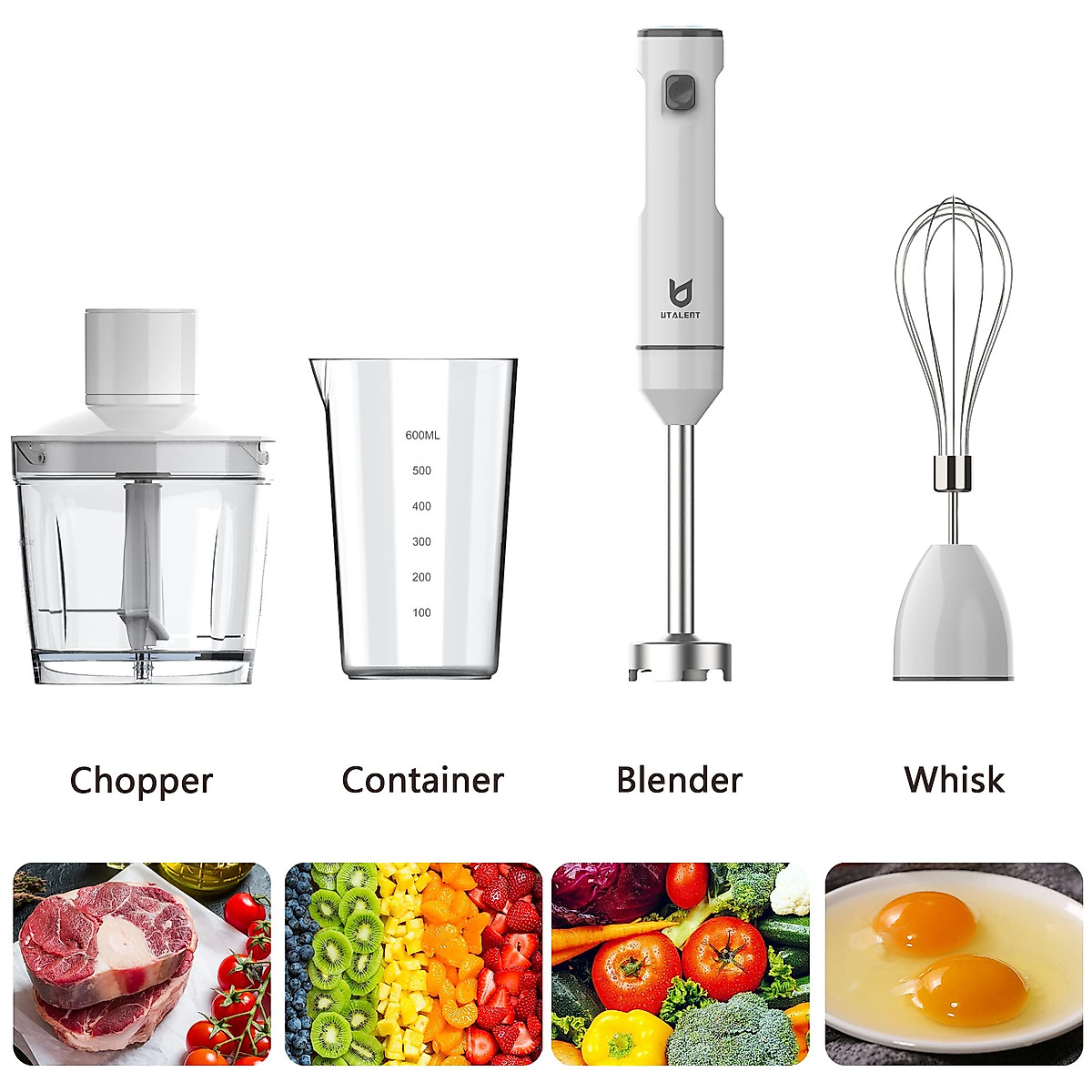 Cordless Hand Blender, UTALENT Variable Speed Immersion Blender Rechargeable, with 500ml Chopper, 600ml container, Egg Whisk, for Smoothies, Baby Food and Soups – White