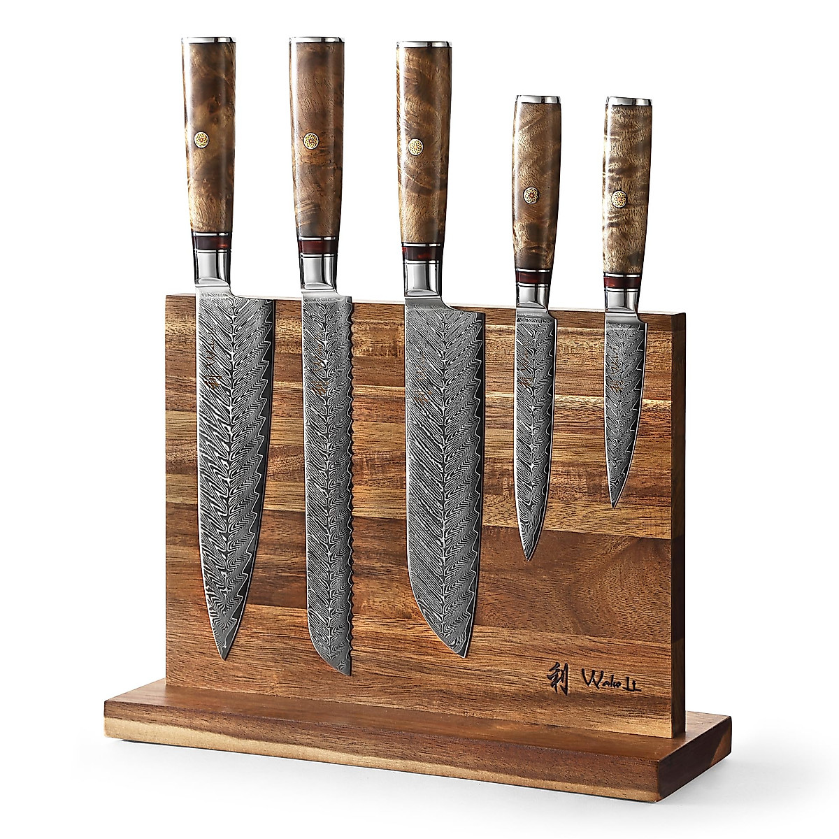 Wakoli Knife Block Sets, 5 Pieces Chef Knife Set with Block - Damascus Kitchen Knife Set with Magnetic Knife Block, Professional Kitchen Knife Block Set with Sycamore Wood Handles (Culinary Sycamore)