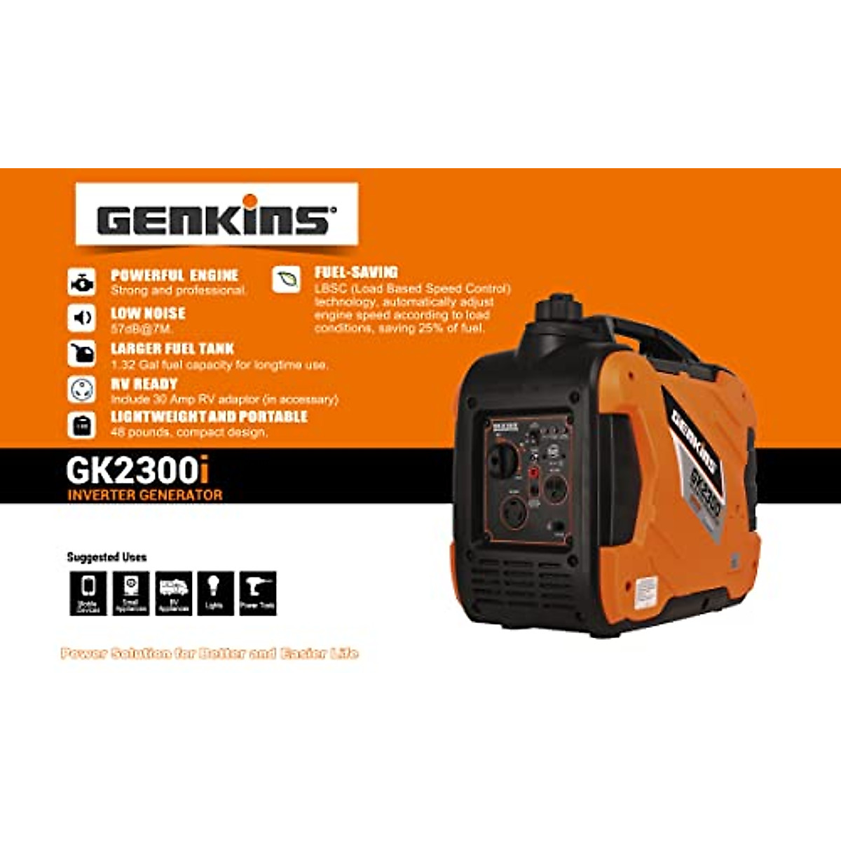 GENKINS 2300 Watt Portable Inverter Generator Ultra Quiet Gas Powered RV Ready CARB EPA Complied Ship to 50 States & Puerto Rico