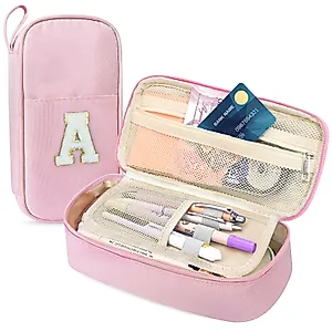 Idefair Cute Pencil Case, Preppy Pencil Pouch Aesthetic Pen Case with Finger Loop, Large Capacity Pencil Bag with Double Zipper School Supplies for Girls (Pink, Letter A)