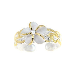 Arthur's Jewelry 925 sterling silver 2 tone yellow gold plated 8mm Hawaiian scroll plumeria flower cz toe ring