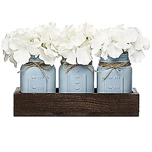 Mkono Mason Jar Centerpiece Decorative Wood Tray with 3 Painted Jars Artificial Flowers Rustic Country Farmhouse Fall Decor for Coffee Table Dining Room Living Room Kitchen,Grey Blue