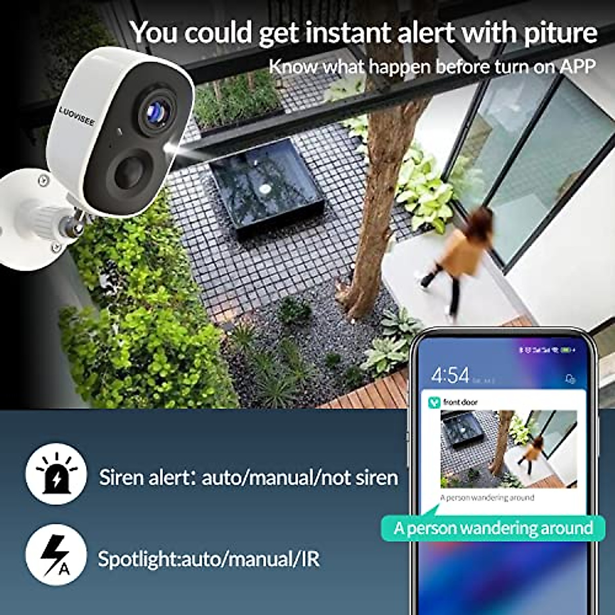 Luovisee Home Security Camera Wireless Outdoor Indoor WiFi with spot Light Night Vision Rechargeable Battery PIR Motion Detection Alert, 2-Way Audio,IP65 Water Proof,Magtnet Bracket