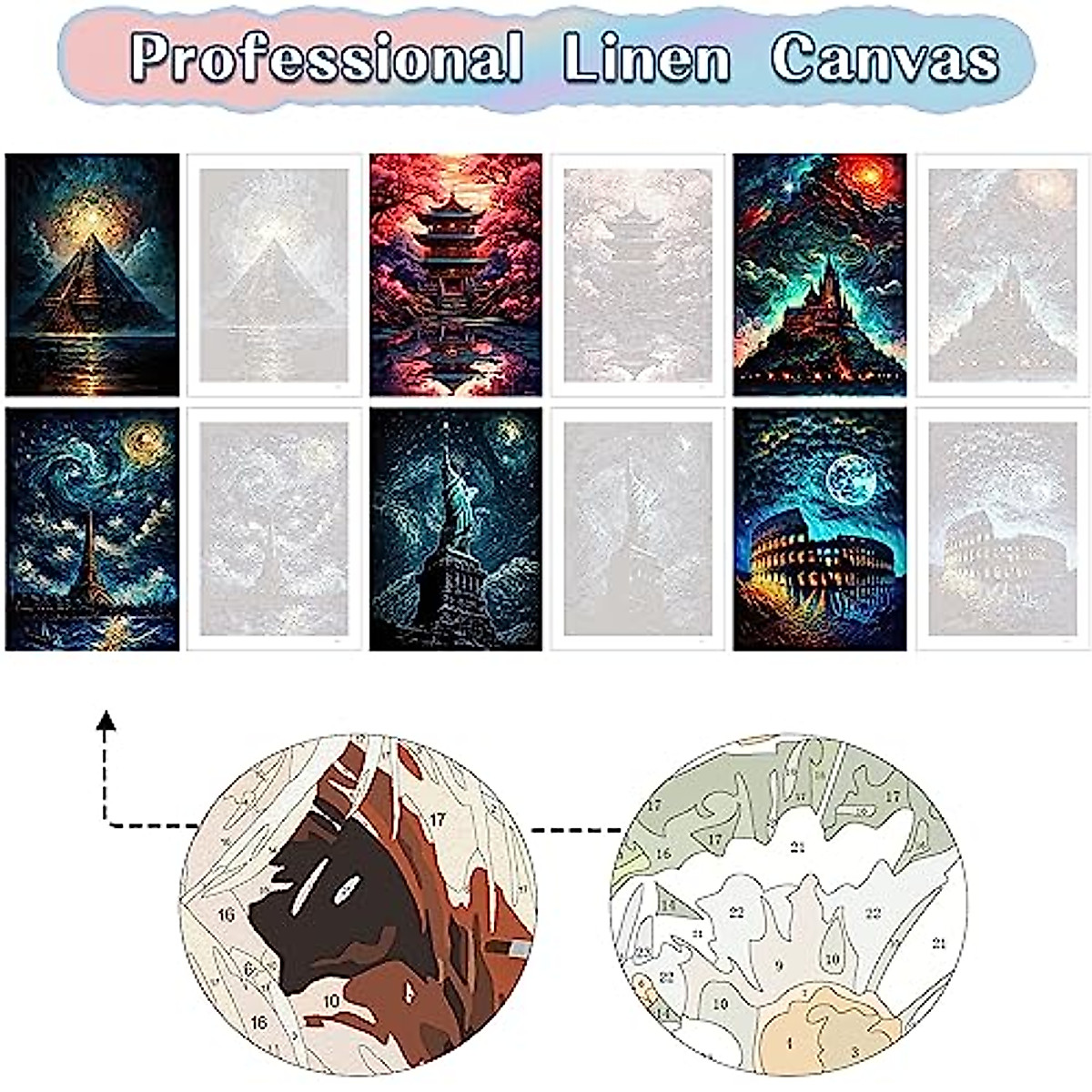 SNMUW 6 Pack Paint by Number for Adults Canvas, DIY World Famous Scenic Spots Paint by Numbers Kits, Acrylic Oil Painting by Numbers Kits for Gift Wall Decor (16x20 Inch/40x50cm)