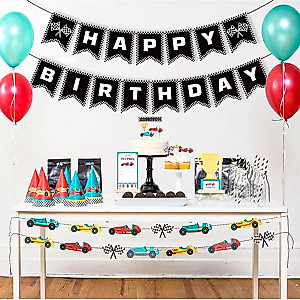 Eostankr Race Car Happy Birthday Banner Race Car Birthday Party Decorations Black and White Checkered Flag Banner Racing Themed Checkered Flag Party Supplies for Boys