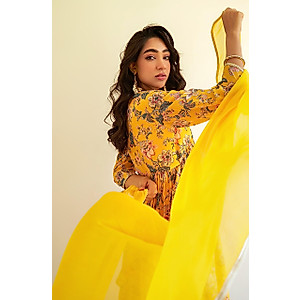Janasya Indian Women's Yellow Georgette Digital Floral Printed Kurta with Sharara and Dupatta