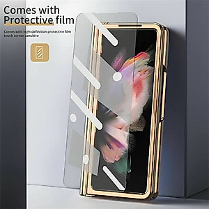 EAXER for Samsung Galaxy Z Fold 3 5G Luxury Lychee Pattern Leather Stand Case Plating Pen Slot Case with Front Tempered Glass All-Inclusive Protective Cover Case Gold