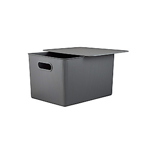 Superio Ribbed Collection - Decorative Plastic Lidded Home Storage Bins Organizer Baskets, X-Large Grey (1 Pack - 22 Liter) Stackable Container Box, for Organizing Closet Shelves Drawer Shelf
