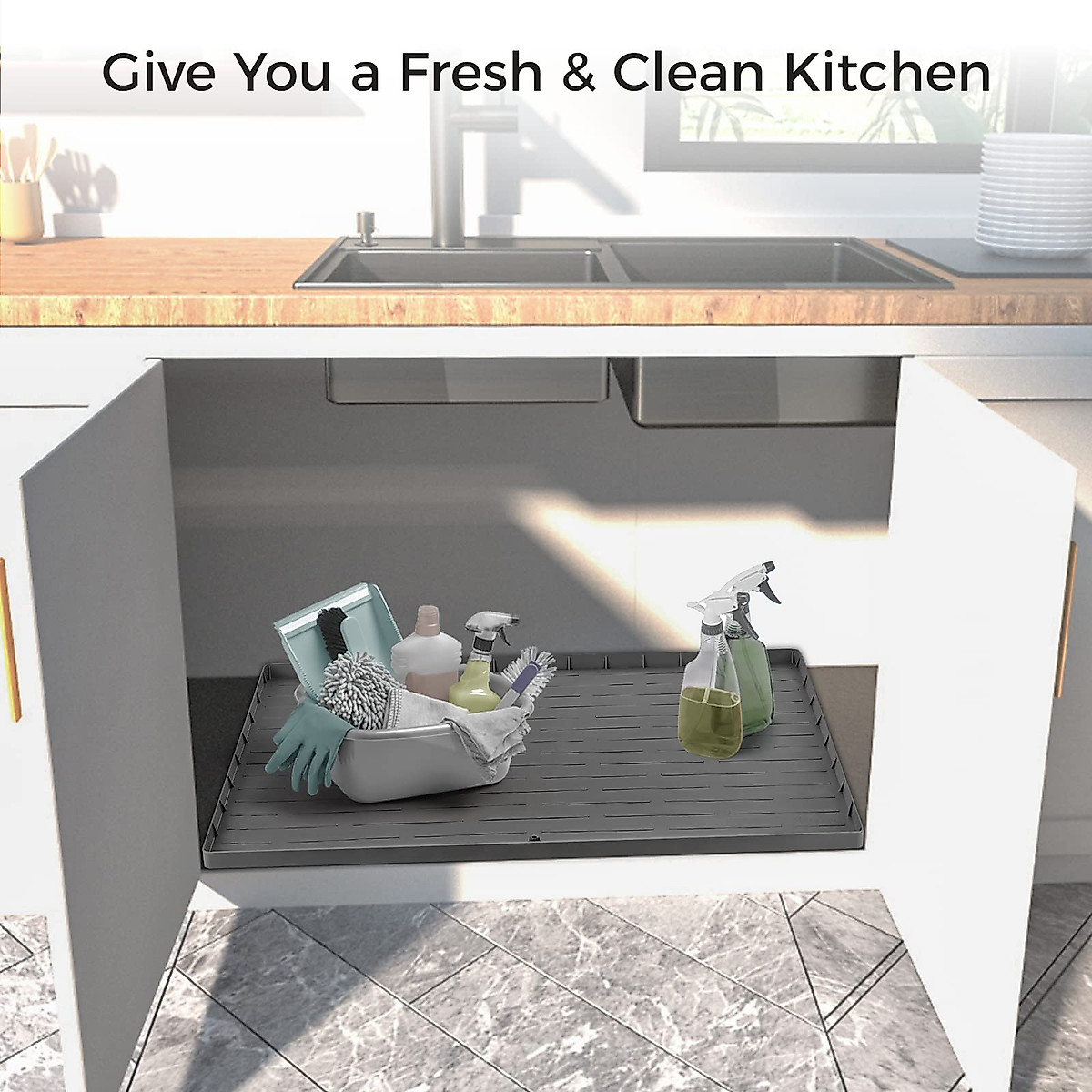 Waterproof Under Sink Mat for 36" Cabinet,Homaisson 35”×22” Flexible Silicone Cabinet Protection Mat, Under Sink Tray, Drips Leaks Spills Protector, Cabinet Liner for Kitchen, Bathroom