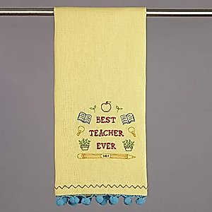 Peking Handicraft 04JES750C Best Teacher Ever Pom Pom Kitchen Towel, 22-inch Length, Linen and Cotton