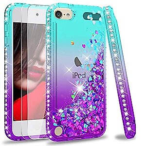 iPod Touch 7th Generation Case, iPod Touch Case 7th/ 6th/ 5th with [2 Pack] Screen Protector for Girls Kids, LeYi Glitter Bling Liquid Cute TPU Clear Phone Case for iPod Touch 7 6 5 (Teal/Purple)