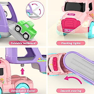 LASCOTON Toys for 1 2 3 Year Old Girl, 5-in-1 Carrier Truck for Toddler Girl, Friction Power Toy Cars with Light & Sound, Birthday Gifts, Pink