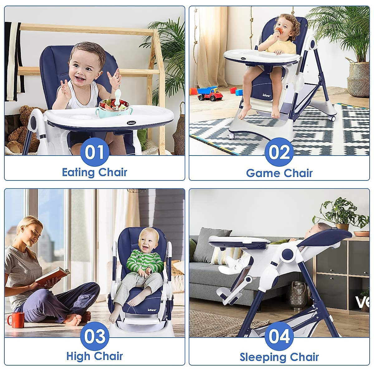 INFANS High Chair with One-Hand Removable Tray, 4 Lockable Wheels & Large Storage Basket - Multi-Adjustable Height, Recline & Footrest, Removable Cushion, Foldable for Baby, Infant& Toddler (Navy)